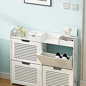 KenSyuInt Shoe Cabinet with 2 Flip Drawers for Entryway, Freestanding Shoe Rack Shoe Organiazer Narrow Shoe Cabinet Shoe Storage Cabinet Tipping Shoe Cabinet, White for Entryway, Bedroom, Hallway