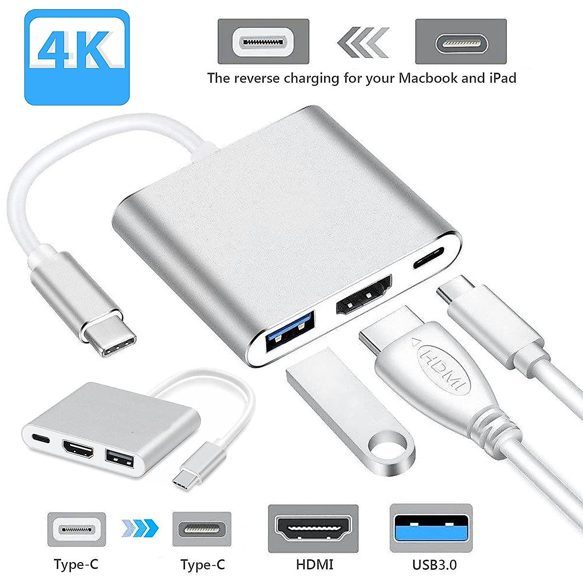 XIAYIO USB C to HDMI Adapter, USB C to HDMI 4K Hub, 3 in 1 USB 3.1 and Type-C PD Port Compatible with MacBook/MacBook Pro/Air, iPad, Samsung Galaxy S9/S10/ S20/ S21/Note 9/Note 10/Note 20