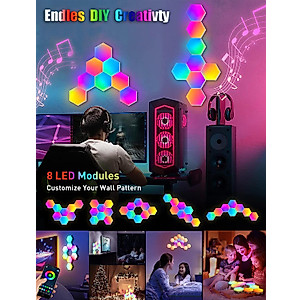 selfila Music Sync DIY Hexagon Lights - 8 Pack Smart APP and Remote RGB Wall Light Hexagonal Modular Gaming Light Honeycomb Shape Panels LED Lights for Bedroom Children Room Decor