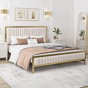 Full Size Bed Frame, Velvet Upholstered Platform Bed Frame Full Size, Golden Metal Bed Frame with Headboard and Footboard, Wooden Slat Support/Mattress Foundation/No Box Spring Needed, Golden/Beige