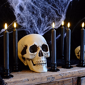 NONNO & ZGF 6PACK Real Wax Black Flameless 8'' Battery Powered Windows Candles with Remote and Timer & Candlestick. Removable Black Candleholders, Patented