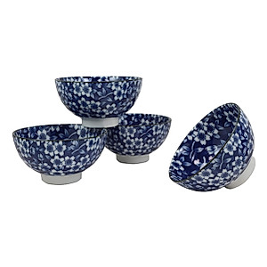 Ebros Gift Made in Japan Ming Style Blue And White Summer Floral Blossom Design 12oz Rice Soup Cereal Porcelain Bowls Set of 4 Home Decor Zen Asian Fusion Accent Housewarming Birthday Gifts Bowl Set