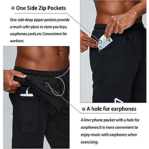 Pinkbomb Men's 2 in 1 Running Shorts Gym Workout Quick Dry Mens Shorts with Phone Pocket (Black, Large)