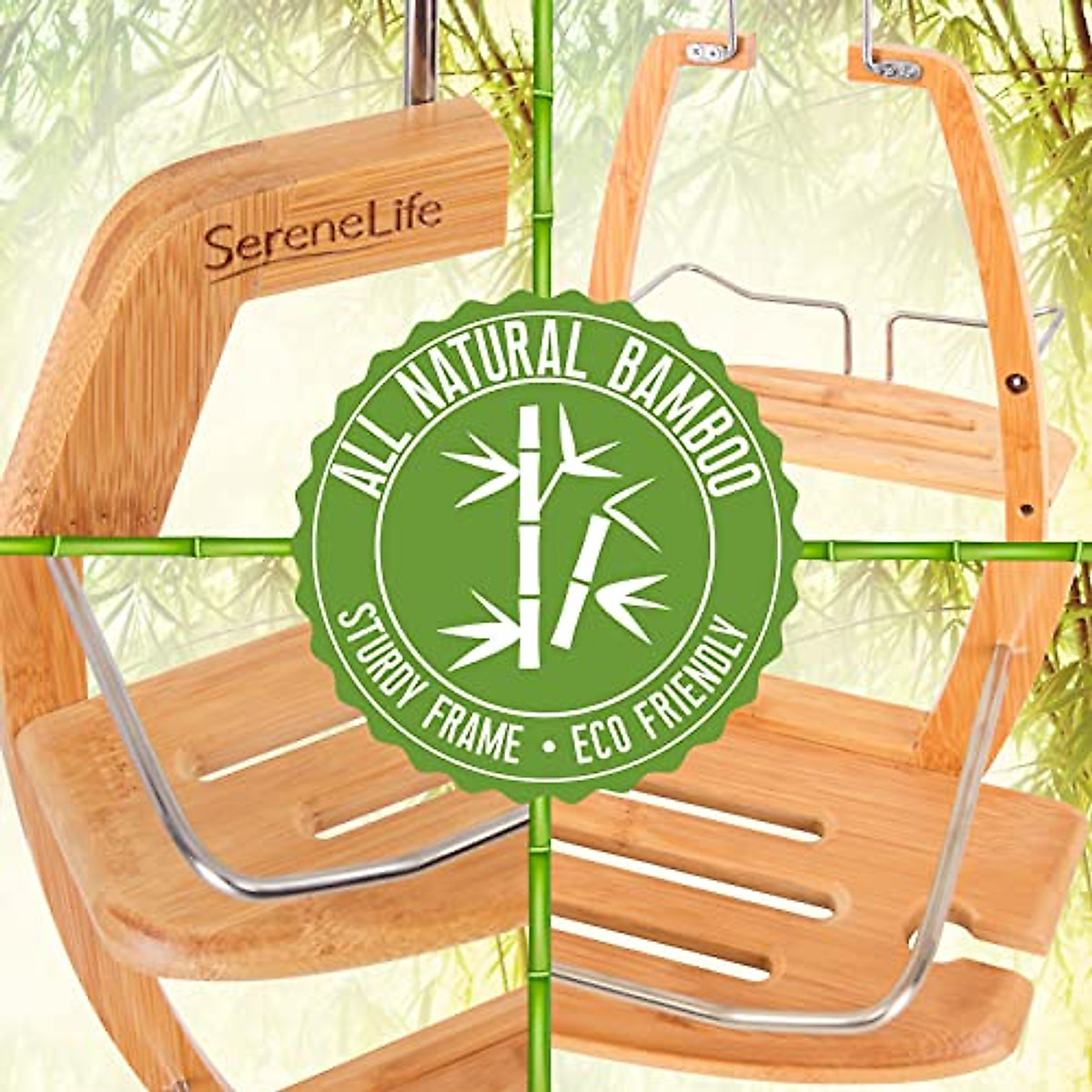 SereneLife Bamboo Hanging Shower Caddy - 2 Tier Wood Rustproof Waterproof and Natural Bamboo Bathroom Wall Organizer with Stainless Steel Shelf Rack for Shampoo, Conditioner and Soap Storage