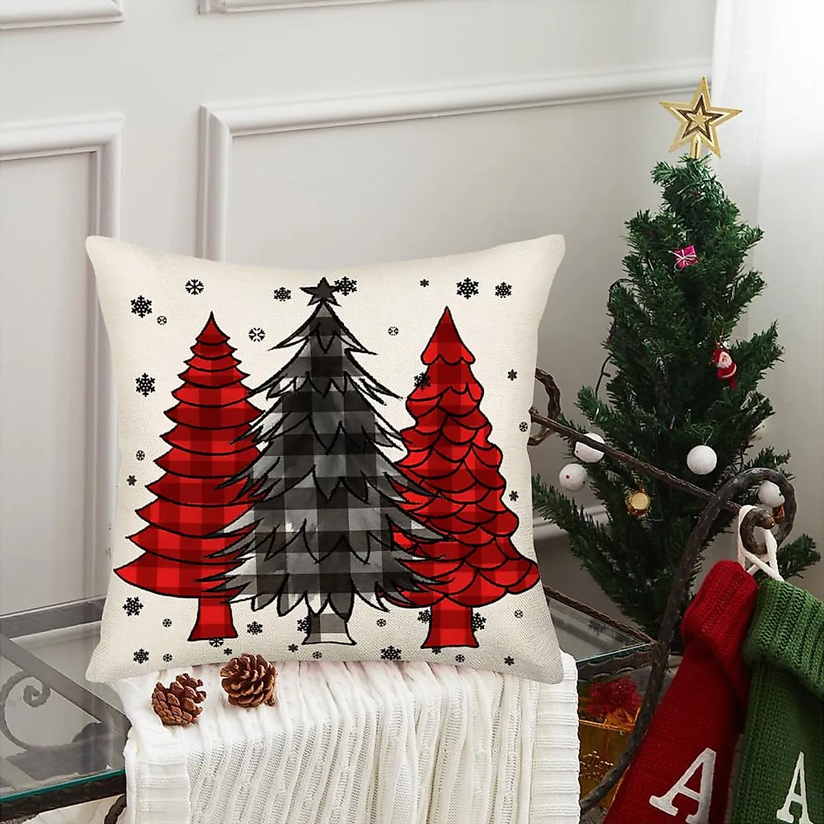 Smilyard Christmas Tree Decorations Pillow Covers 20x20 Inch Red Black Buffalo Check Plaid Snowflake Throw Pillow Cover Winter Farmhouse Decorative White Pillows Cushion Case for Home Sofa Couch
