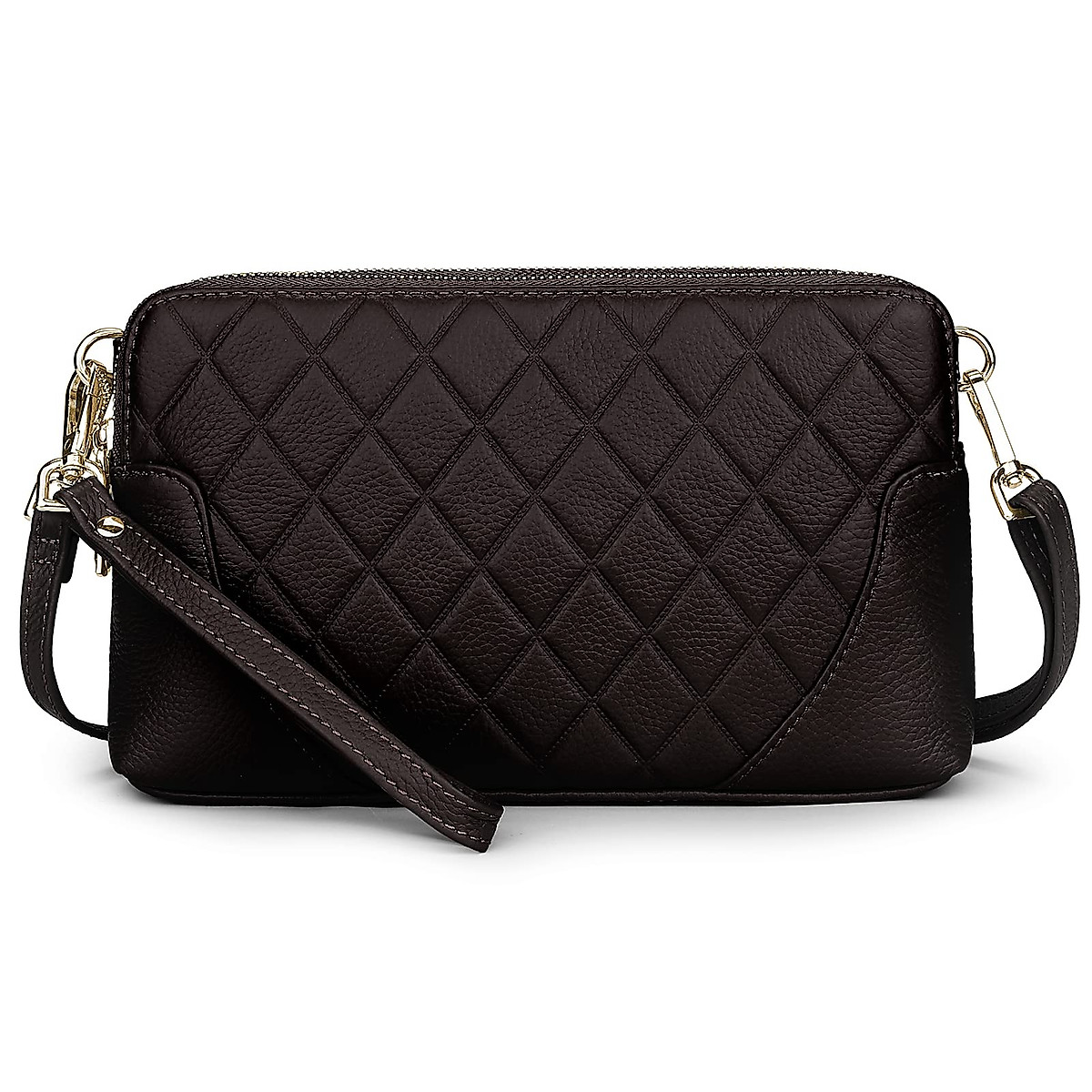 YALUXE Womens Wristlet Real Leather Quilted double zippers Large Clutch Wallet Shoulder Strap