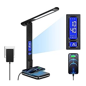 LED Desk Lamp with Wireless Charger, Foldable Touch Console Light, Date,Calendar,Temperature,Clock Display Function, 5-Level Dimmable Lighting, Suitable for Home Office, Reading, Work,study (Black)