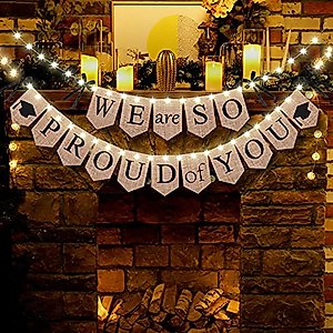 2023 Graduation Banner, We are So Proud of You Burlap Banner with 8 Modes LED String Lights, Lighting Wall Hanging Garland Bunting Flags Sign for Grad Party