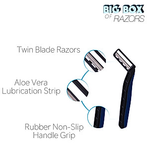 25 Box of Blue Razor Blades Disposable Stainless Steel Hospitality Quality Shavers High End Twin Blade Razors for Men and Women with Aloe Vera Lubrication Strip