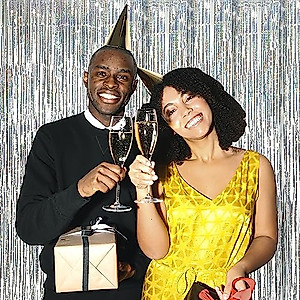 10 Pack Silver Backdrop Curtain 3.2ft x 8.2ft Metallic Tinsel Foil Fringe Curtains Photo Booth Background for Birthday Party Decoration Baby Shower Engagement Wedding Christmas Decoration (Silver)