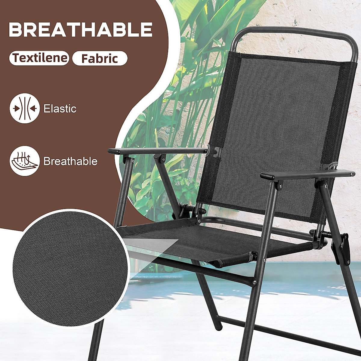 Vongrasig Folding Patio Dining Chairs Set of 4, Small Metal Outdoor Sling Chairs, Patio Furniture Set 4 Folding Chairs for Lawn, Garden, Deck, Backyard, Black