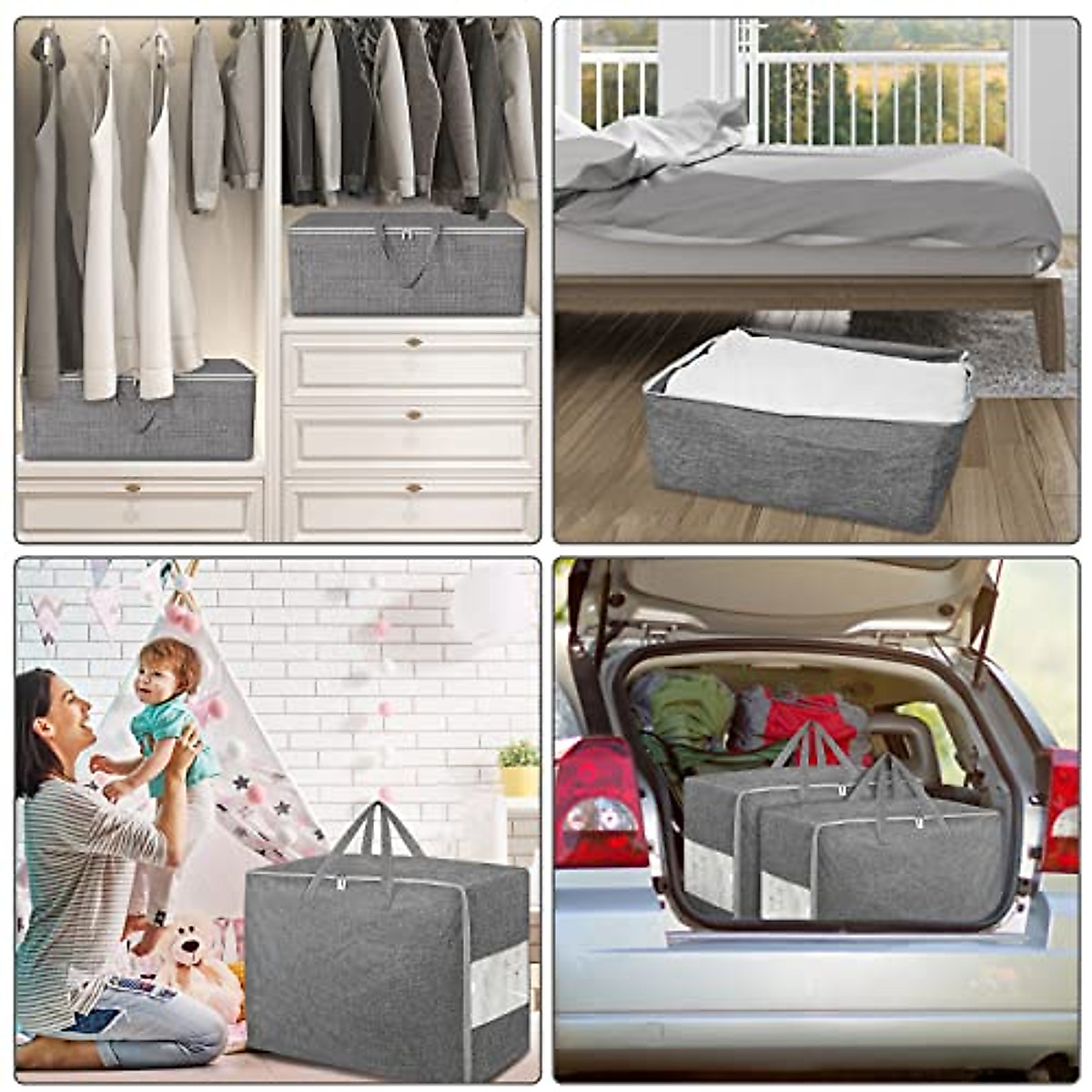 2Pack 105L Extra Large Storage Bags, Folding Moving Comforter Blanket Storage Bags Closet Organizers and Storage Containers for Clothes with Strong Handles&Zippers Clear Window for Bedding Pillow Grey