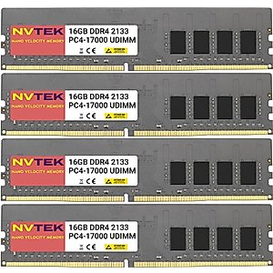 NVTEK 64GB (4X16GB) DDR4 2133MHZ PC4-17000 UDIMM 2Rx8 1.2V 288-PIN Non-ECC Unbuffered Desktop PC Computer Memory KIT