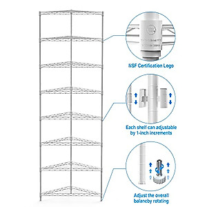 pouseayar 8 Tier NSF Metal Corner Shelf Wire Shelving Unit, 400lbs Capacity Heavy Duty Adjustable Storage Rack (No Shelf Liners) for Every Room Corner, 82" H x 20" L x 20" D - White