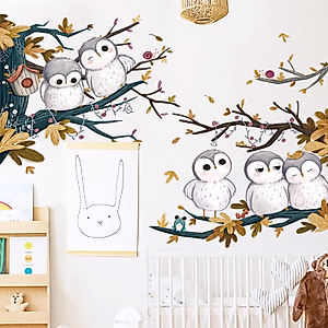 NOA Owls on Branches Cartoon Wall Sticker, Removable Waterproof Vinyl Animal Flowers Decal Decor, Lovely Art Mural for Nursery Bedroom Kids Room Home Decoration