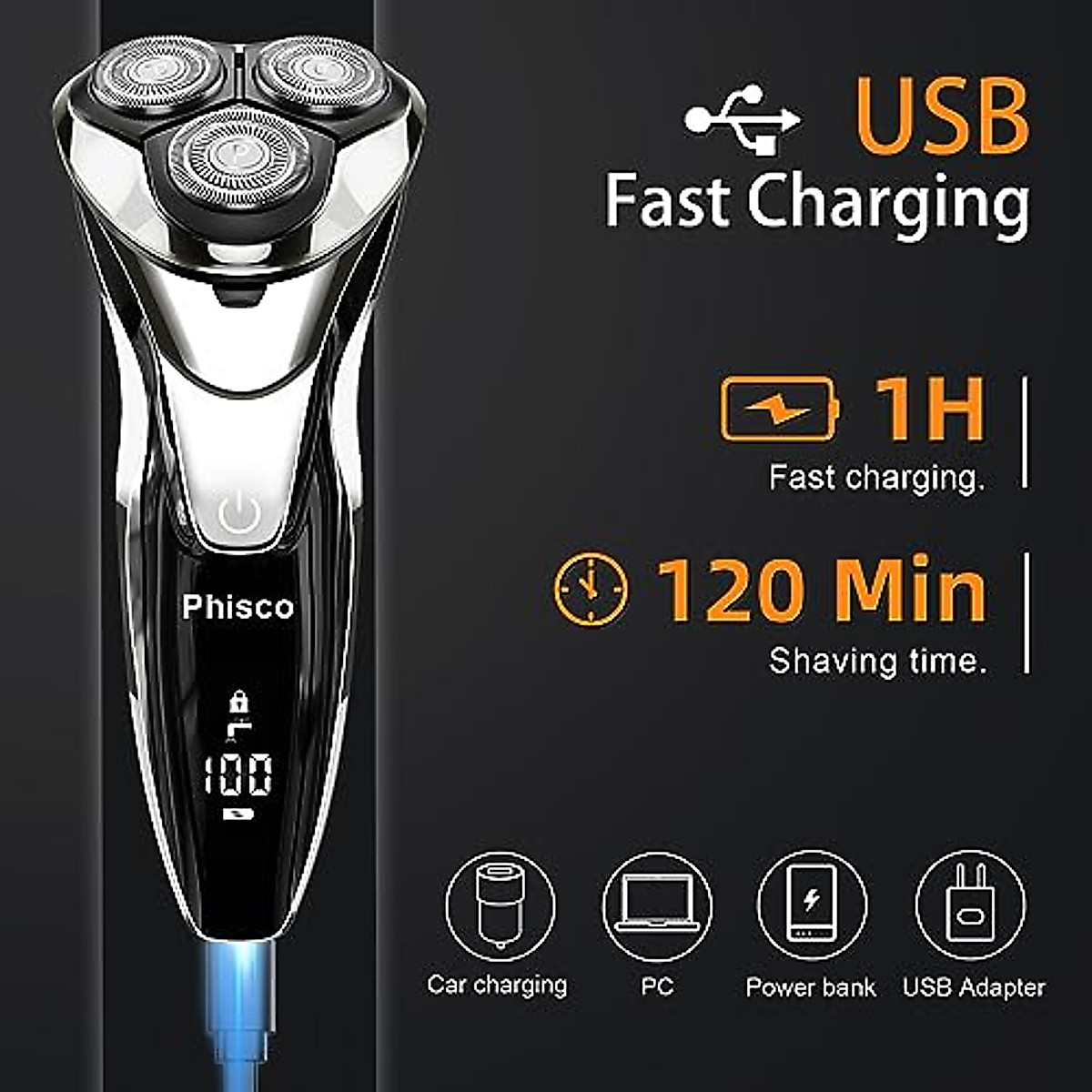 Phisco Electric Shaver Razor for Men Floating Rotary, IPX7, LED Display, Rechargeable, Dry/Wet, Pop-Up Beard Trimmer (Black)