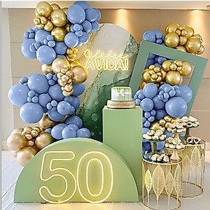 Dusty Blue Baby Shower Balloon Arch Garland Kit, 139PCS Fog Blue White Sand Metallic Gold Balloons for Neutral Boho Wedding Bridal Shower Birthday Party Decorations