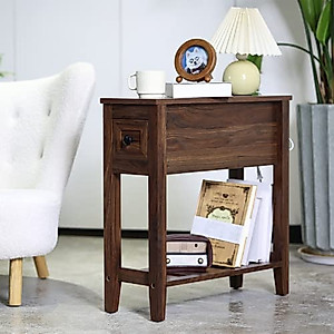 LUSUOWLZ Chairside Narrow End Table, Solid Wood Recliner Side Table with Drawer, Slim Nightstand Bedside Table for Living Room Bedroom
