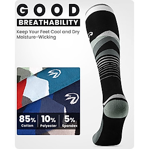 OutdoorMaster Ski Socks, 2-Pair Pack Skiing and Snowboarding Thermal Socks for Men with Non-Slip Cuff Design, Geometric Patterns - Black, Large