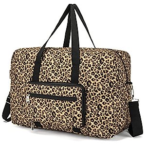 EXYANGEE Foldable Travel Duffel Bag, Medium Women's Weekender and Overnight bag carry on Luggage bag for Women and Girl（leopard）