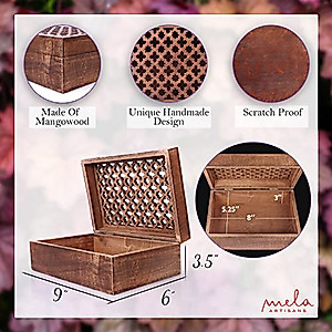 Mela Artisans Decorative Storage Box with Hinged Lid - Medium Polish, Large | 9” x 6” x 3.5” | Rustic Trellis Design | Mango Wood Crafted | Ideal for Keepsakes, Trinkets, Jewelry and Other Stash