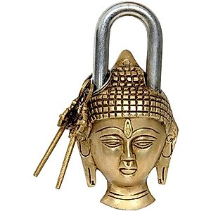 Home - Garden Brass Padlock - Lock with Keys - Working - Brass Made - Type : (Lord Buddha - Brass Finish)