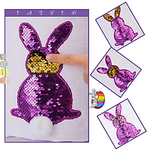 4 Pack Easter Bunny Basket Bags for Kids, Sequins Rabbit Canvas Eggs Hunt Baskets with Fluffy Tails, Tote Bag Candies Gifts Bucket for Easter Party - Blue, Purple, Pink and Green