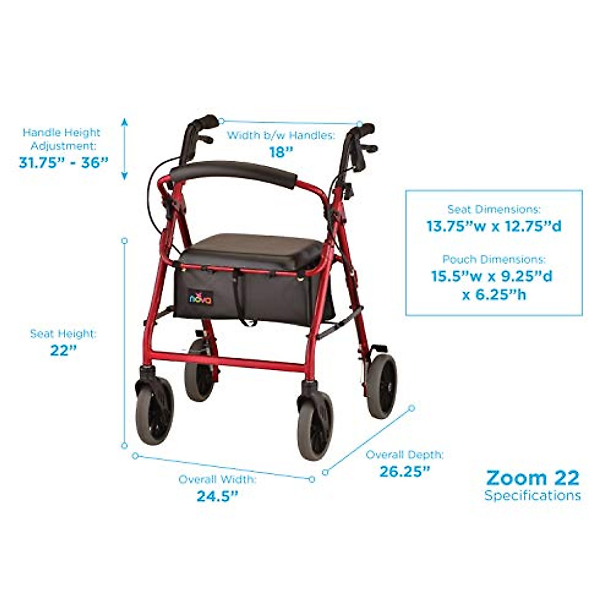 NOVA Zoom Rollator Walker with 22” Seat Height, Rolling Walker with Locking Hand Brakes, Padded Seat and 8” Wheels, Color Red
