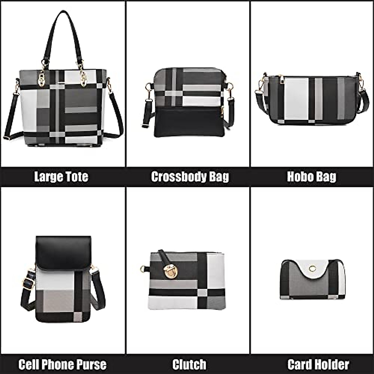 OTMIPIML Purses and Handbags for Women Synthetic Leather Tote Crossbody Bags Satchel Purses Set 6pcs (1A-Black)