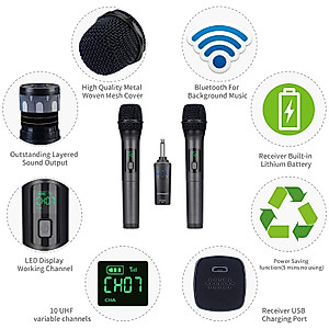 Kithouse K380A Wireless Microphone Karaoke Microphone Wireless Mic Dual with Rechargeable Bluetooth Receiver System Set - UHF Handheld Cordless Microphone for Singing Speech Church(Elegant Black)