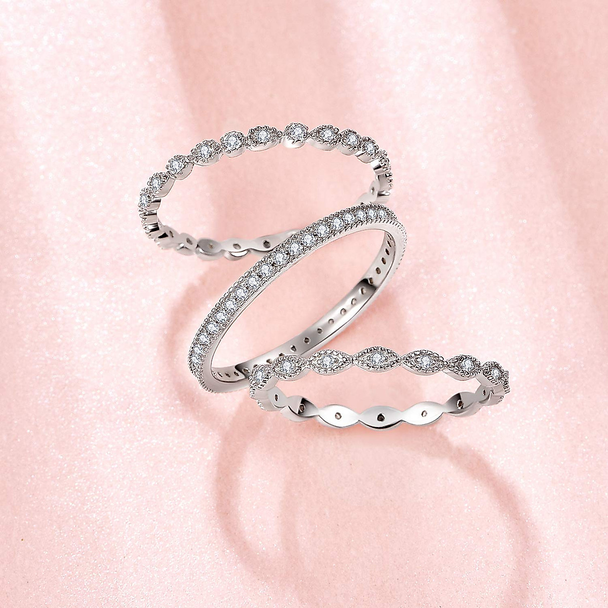 AVECON Wedding Rings for Women Anniversary Eternity Bands Womens 3 Stackable Rings CZ Engagement Bridal 925 Sterling Silver Ring Sets Size 9