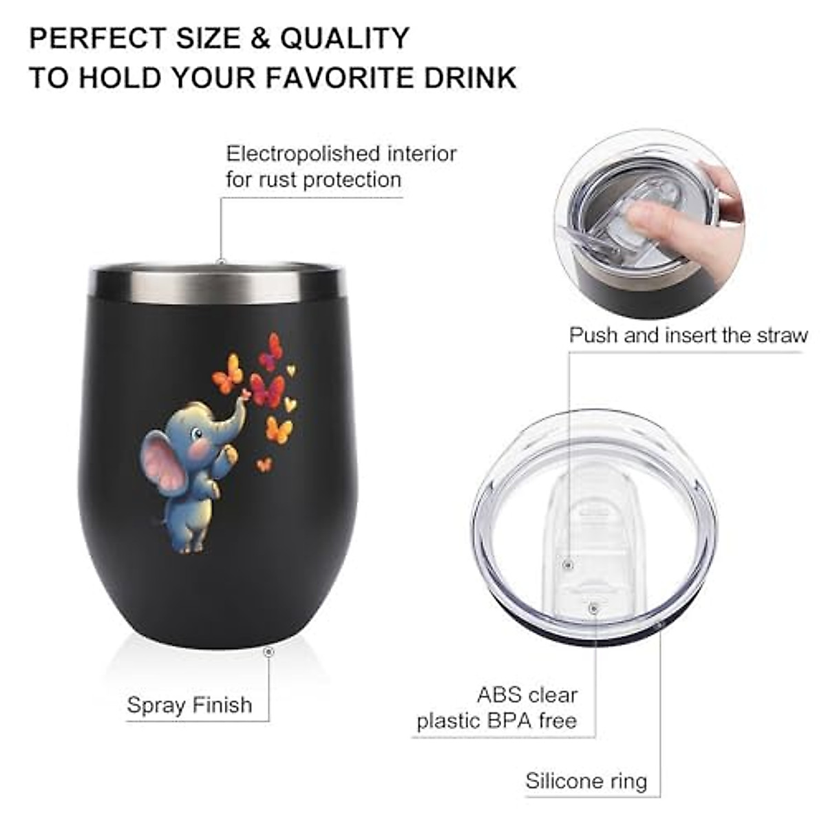 Butterfly Elephant Insulated Tumbler with Lid Stainless Steel Coffee Mug Cute Wine Tea Water Cup Black-style
