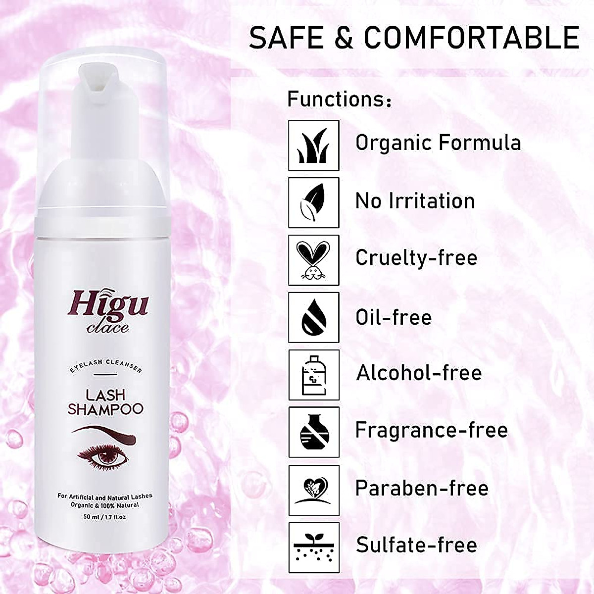 Lash Shampoo 50ml Eyelash Extension Cleanser with Brush and Mascara Wand Eyelid Foaming Cleanser Lash Foam Shampoo for Lash Extensions (50ml/1.7fl oz)