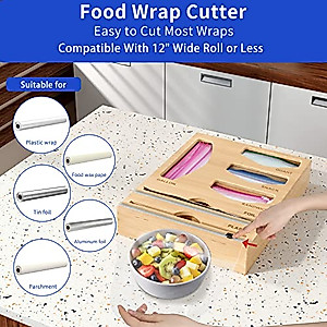 AITEE 2 in 1 Ziplock Bag Storage and Foil Organizer, Plastic Wrap Dispenser with Cutter for Kitchen Drawer, Bamboo Wood Ziplock Food Bag Storage Organizer for Gallon, Slider Quart, Sandwich and Snack