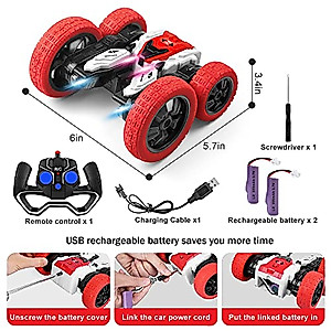 RC Stunt Car for Kids - OWNONE Double Side Remote Control Car for Boys, 360°Flips Rotating Stunt Car with LED Lights, 4WD 2.4Ghz Rechargeable Stunt Remote Control Car Toy (Red)