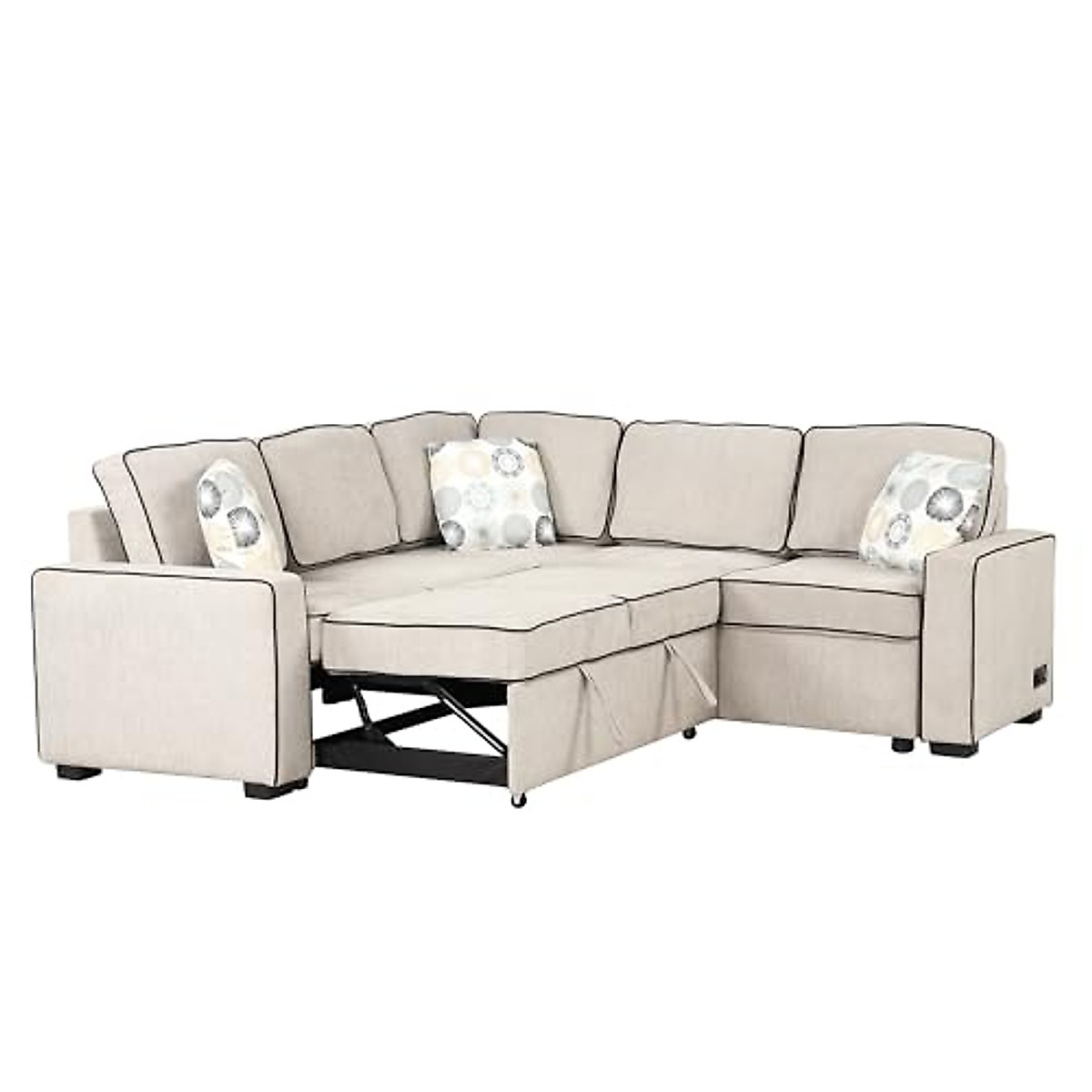 Eafurn Symmetrical Sectional Sofa with Pull Out Bed, 83" L-Shaped Convertible Corner Couch with Removable Backrest,Linen Upholstery Sofabed with USB Ports, 2 Power Sockets and Throw Pillows