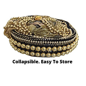 Indian Potli Bag, Bucket Bag Embellished With Golden Motifs For Parties, Weddings, Brides, Festivals, Velvet Purse (Navy)