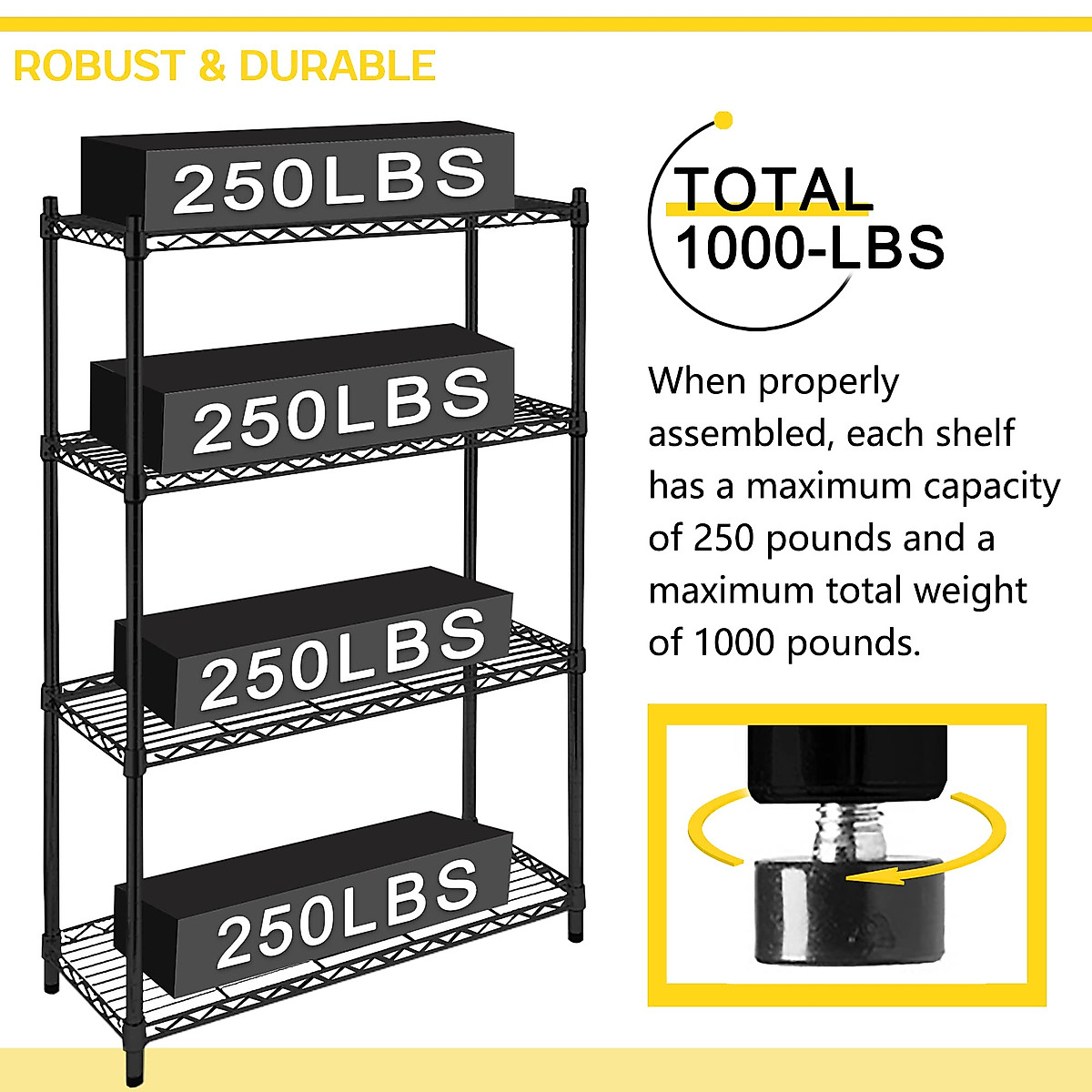 Vnewone 4-Tier Storage Shelves Large Wire Shelving Unit NSF Metal Garage Shelving 54”x36”x14” 1000 LBS Capacity Heavy Duty Height Adjustable Commercial Grade Utility Steel Rack with Wheels,Black