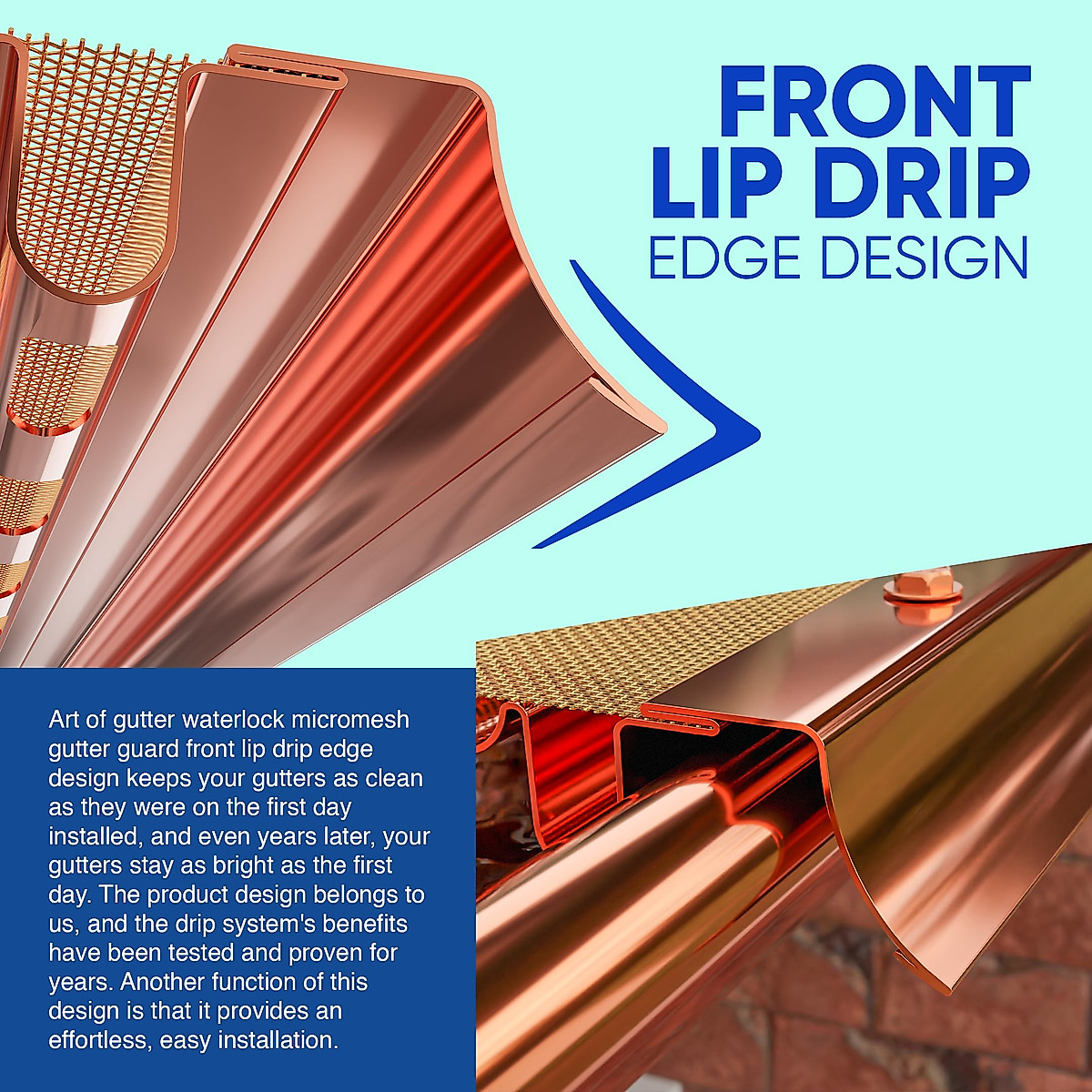 Waterlock Flat Under The Shingle Micromesh Gutter Guards in Copper for Half Round Gutter, 5 inch, 6 inch, 7 Inch Box Gutters, Commercial Gutters, Premium Quality Gutters from Manufacturer (25 Feet)