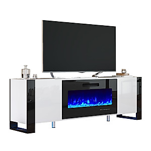 AMERLIFE Fireplace TV Stand with 36" Fireplace, 70" Modern High Gloss Entertainment Center LED Lights, U-Shaped Legs TV Console Cabinet for TVs Up to 80", White