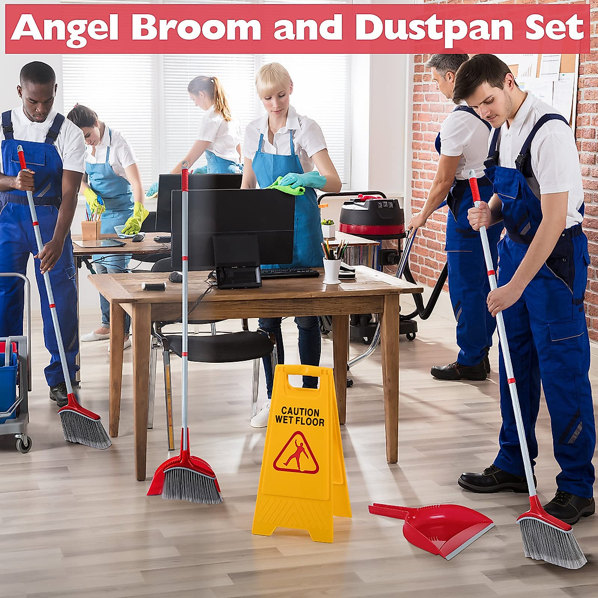 Meanplan 4 Pcs Angle Broom and Dustpan Combo Set for School Classroom 54'' Outdoor Indoor Cleaning Broom Commercial Broom with Step-on Dustpan for Home Kitchen Office Floor Dirt Dust Hair Cleaning