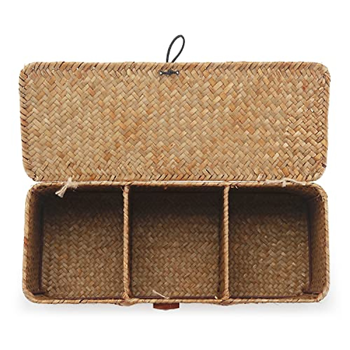 Seagrass Tank Basket with Lid Woven Toilet Roll Storage Basket with Sections Rectangular for Organize Snack Toys (Large Compartment 16.5inch L x 5.5inch W x 5.5inch H)
