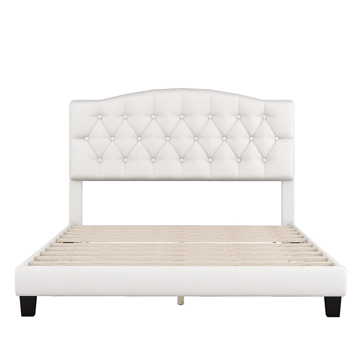 Modern Beige Queen Bed Frame Linen Upholstered Platform Bed with Headboard Solid Wood Queen Size Bed Frame Mattress Foundation Diamond Tufted Details Sturdy Wood Slat Support No Box Spring Needed