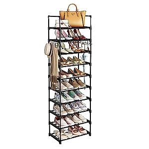 Fixwal 10 Tiers Shoe Rack for Closet, Tall Shoe Organizer Storage Shelf for 20-24 Pairs of Shoes and Boots, Narrow Metal Shoe Shelf with Hooks for Entryway Bedroom Hallway (Black)