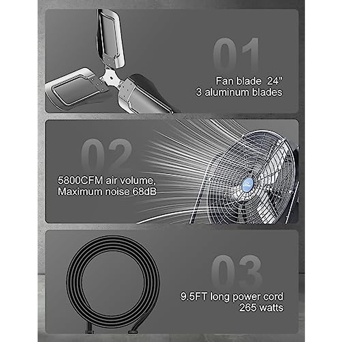 iLIVING ILG8M24-70EC BLDC High Velocity Floor Fan, 24-Inch, Gray