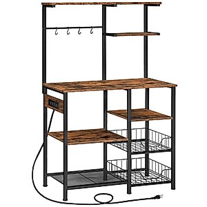 HOOBRO Large Bakers Rack with Power Outlets, 6-Tier Microwave Stand with 4 Hooks, Coffee Bar, Kitchen Shelf with Wire Basket, for Kitchen, Living Room, Office, Rustic Brown and Black BF64UHB01