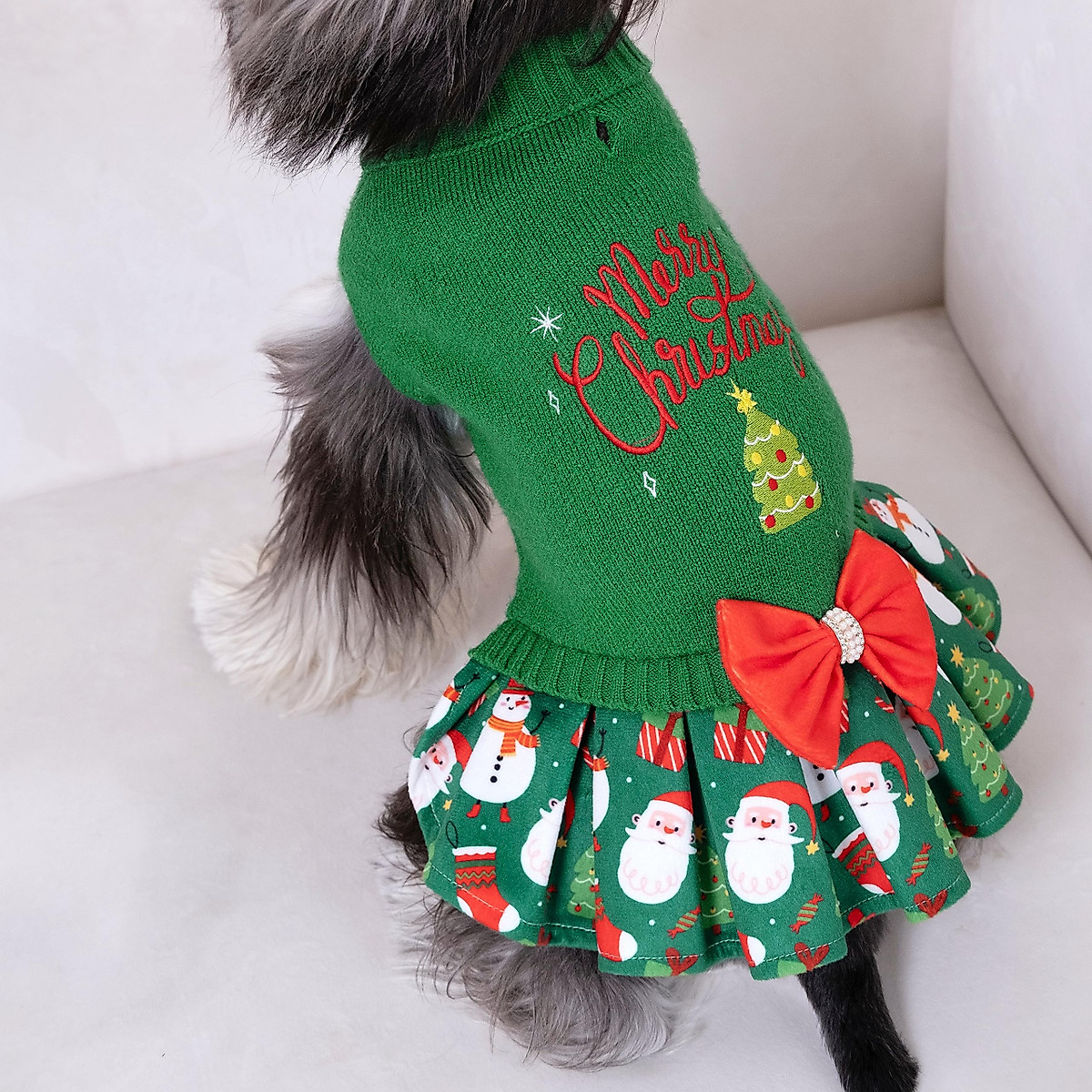 CuteBone Christmas Green Dog Sweater Dress Turtleneck Puppy Sweater with Bowtie Harness Hole Pullover Winter Dress for Medium Large Dogs