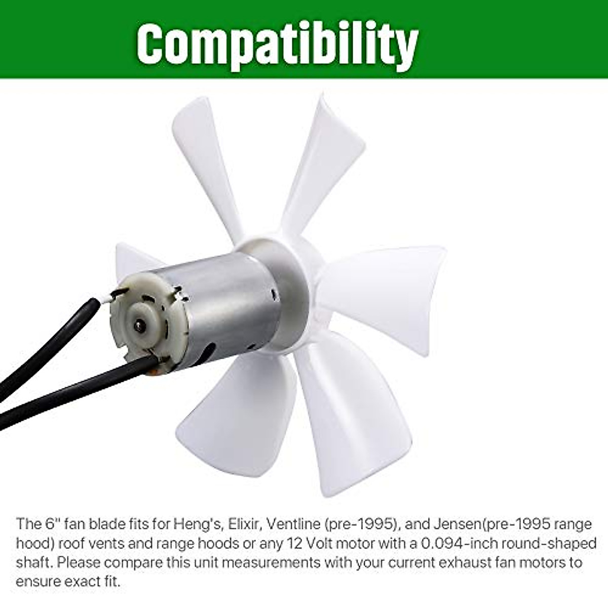 2 Pack 6“ Replacement White Vent Fan Blades for RV Bathroom Vent Fan, fits for Heng's, Elixir, Ventline and Jensen roof vents and range hoods or any 12 Volt motor with a 0.094-inch D-shaped shaft