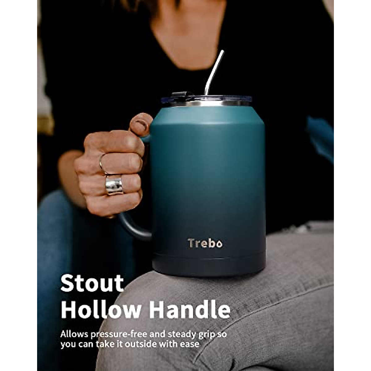 Trebo 50 oz Mug Tumbler with Handle, Stainless Steel Coffee Cup with 2 Lids and 2 Straws,Double Wall Vacuum Insulated Large Bottle,Reusable Flask Keeps Cold for 36 Hrs/Hot for 24 Hrs,Blue Indigo/Black