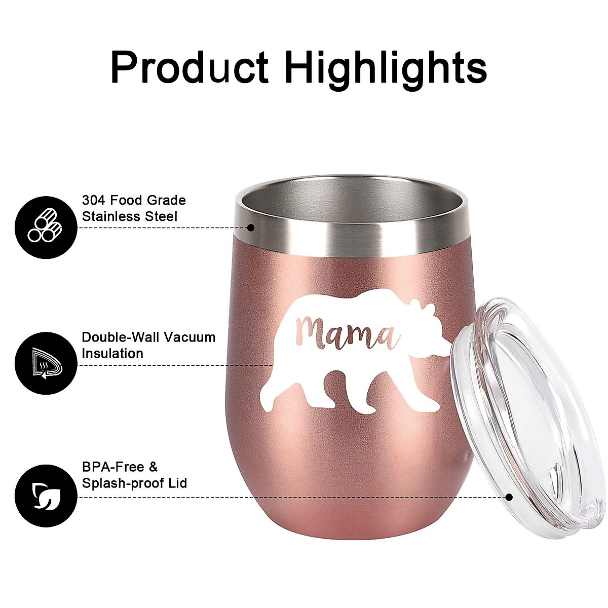 GINGPROUS Mother's Day Gifts for Mom, Mama Bear Wine Tumbler with Lid and Straw, 12 Oz Stainless Steel Insulated Wine Tumbler for Best Mom Birthday Gifts, Rose Gold